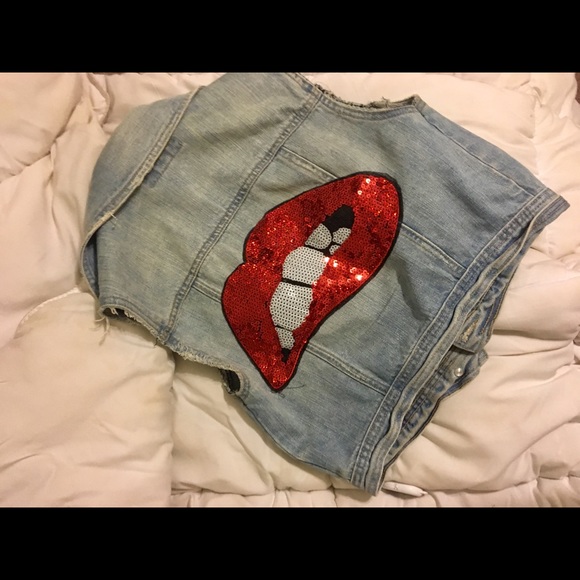 Jackets & Coats | Trendy Sequin Lips Denim Cropped Vest Sz S | Poshmark